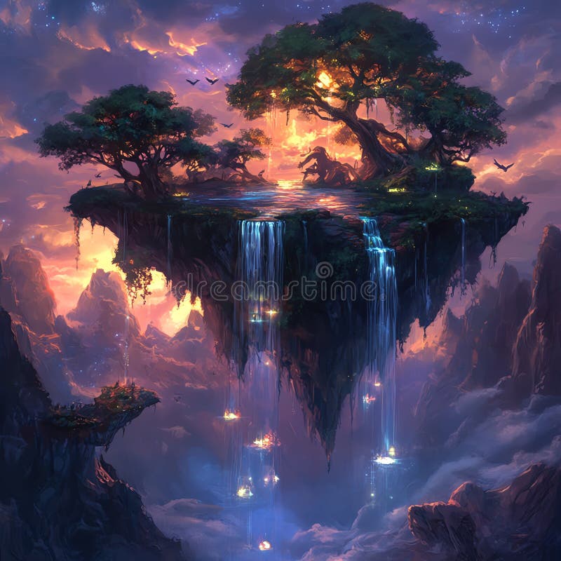 A Floating Island with Waterfalls Cascading into the Sky, Surrounded by ...