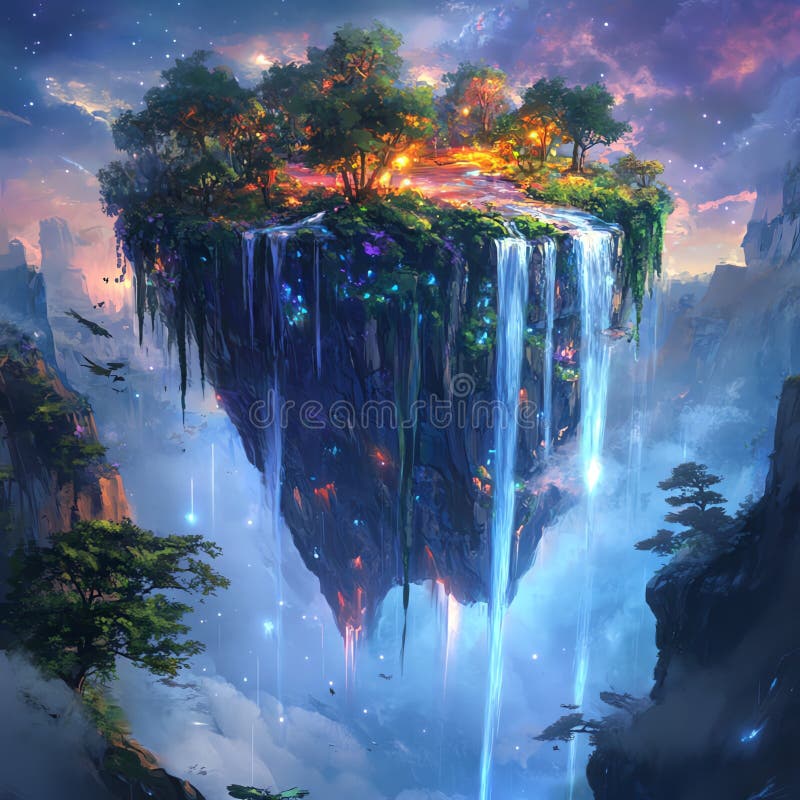 A Floating Island with Waterfalls Cascading into the Sky, Surrounded by ...