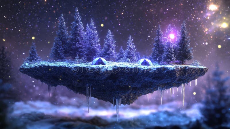 Floating Island Winter Forest Night Scene Stock Illustration ...