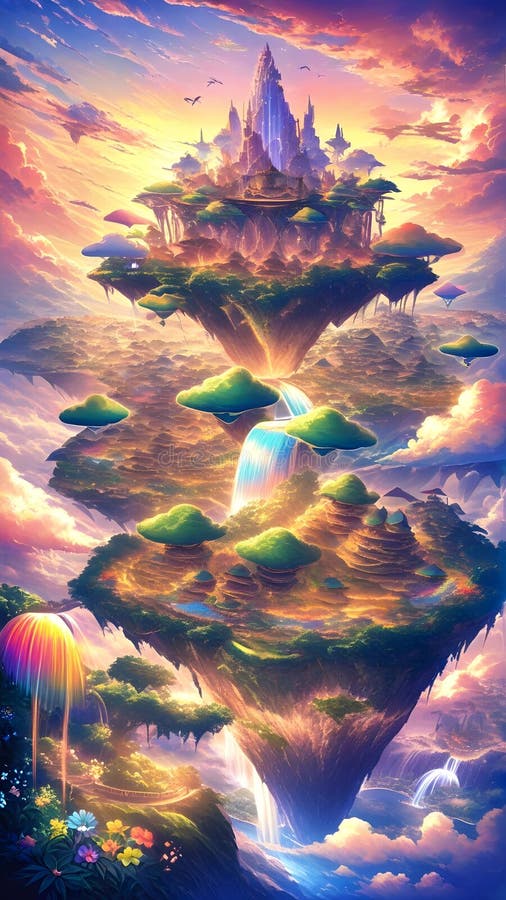 Floating Islands Above the Clouds with Waterfalls and Colorful Flowers ...