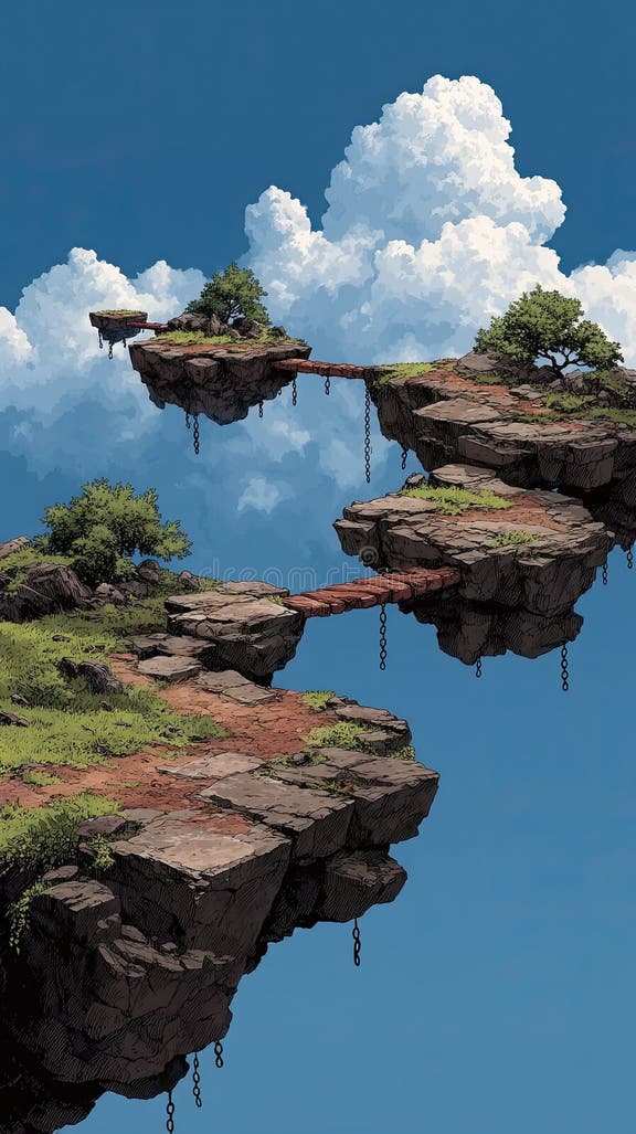 Floating Islands Connected by Chains Under Bright Blue Sky Stock ...