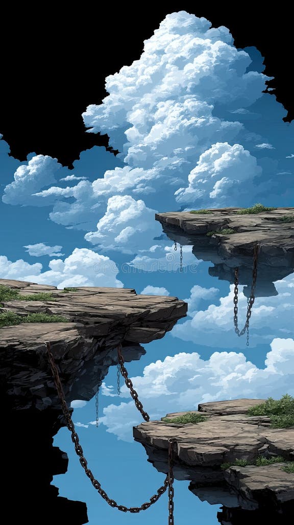 Floating Islands Connected by Chains Under Cloudy Sky Stock ...