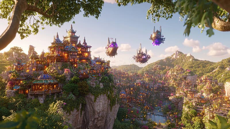 Floating Islands, Fantasy City, Sunset, Game, Background Stock ...