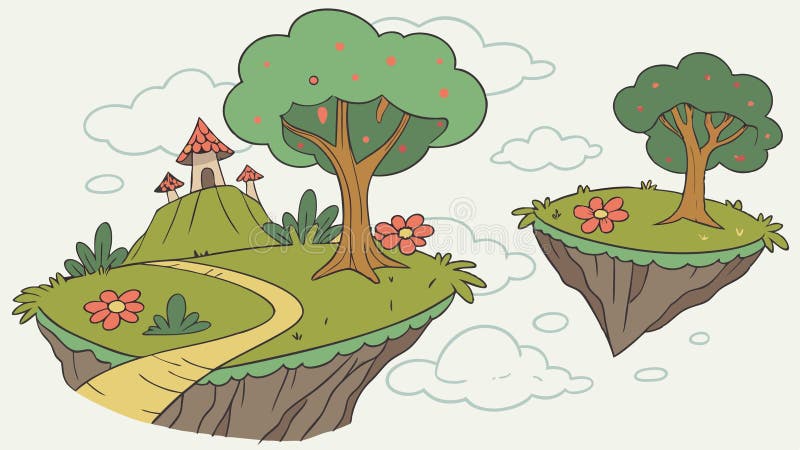 Floating Islands with Greenery and Waterfall, Fantasy, Vector Design ...