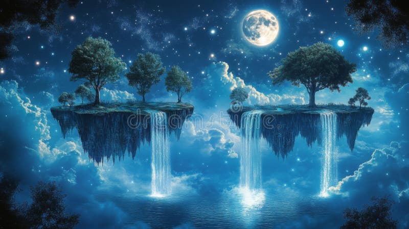 Floating Islands Night Scene: Blue Waterfalls Under a Full Moon and ...