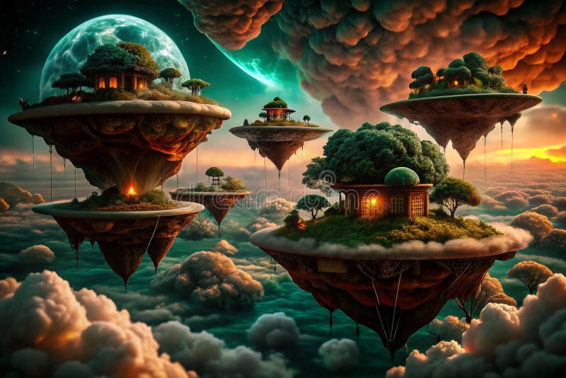 Floating Islands, Night Sky, Fantasy, Homes, Clouds Stock Illustration ...
