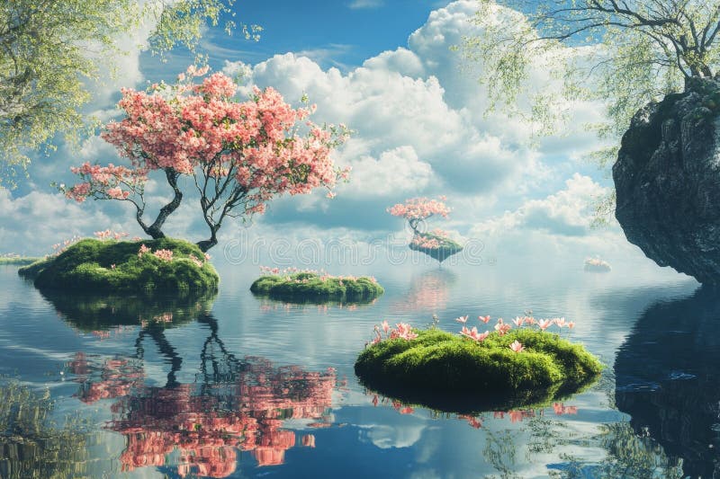 Floating Islands in a Pink Blossom Paradise Stock Illustration ...