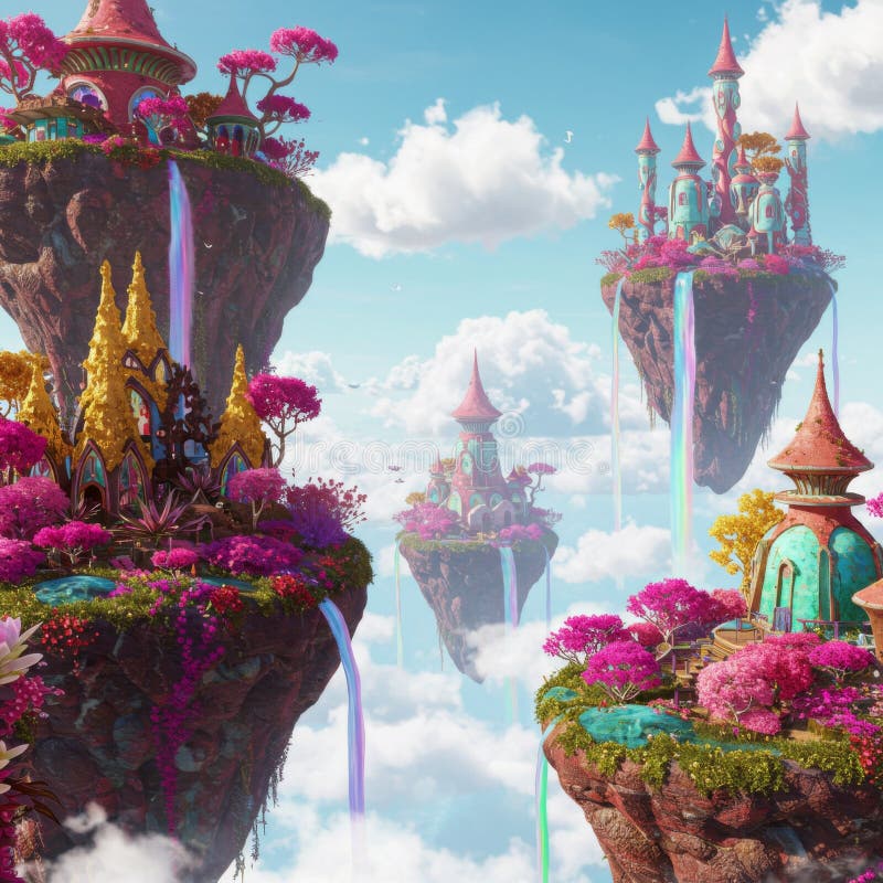 Floating Islands with Pink Castles and Rainbow Waterfalls Stock ...