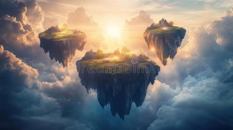 Floating Islands Soar Above Cloudscape at Sunset, Dreamlike Fantasy ...