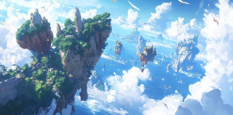 Floating Islands Soar Above the Ocean with Lush Greenery and Birds, a ...