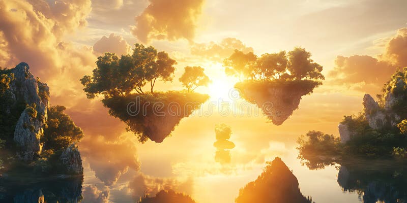 Floating Islands at Sunset a Dreamlike Fantasy Landscape Stock ...