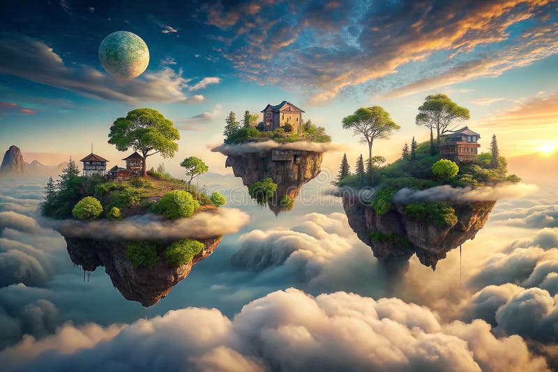 Floating Islands Sunset Sky Fantasy Stock Illustration - Illustration ...