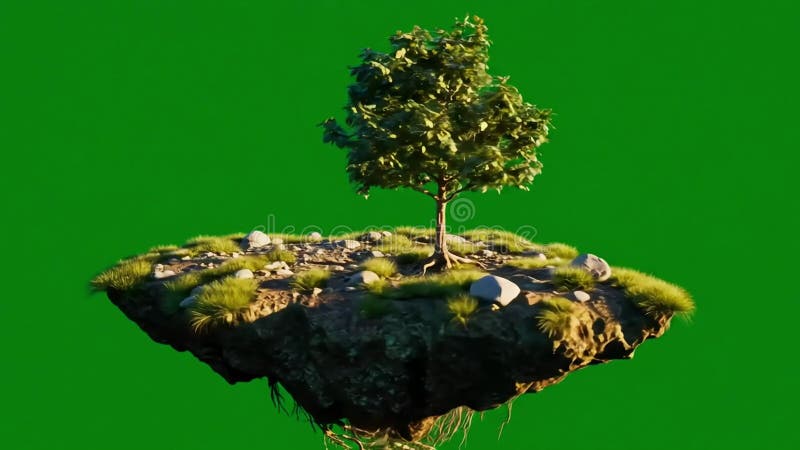 Floating Islands with Tree Animation on Green Screen Background for VFX ...