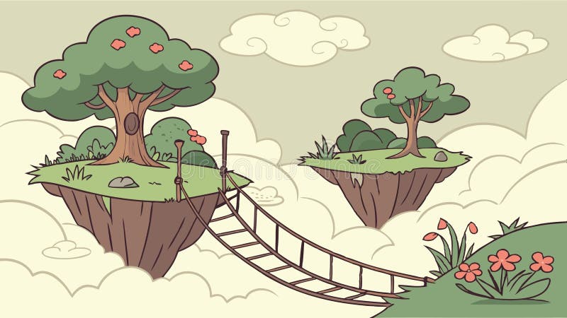 Floating Islands with Trees and Bridge, Fantasy World Scene Vector ...