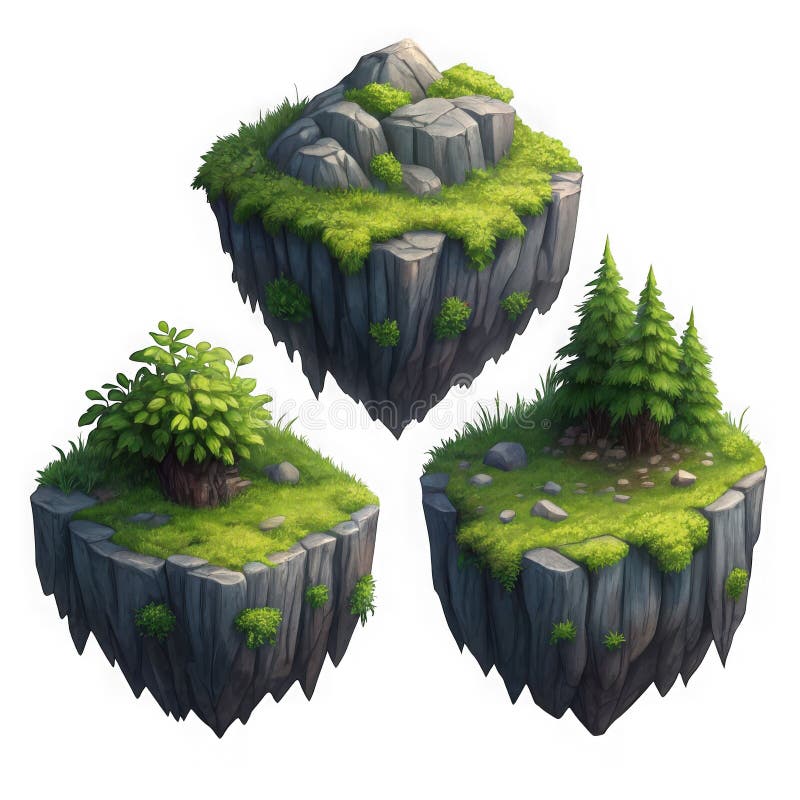 Floating Islands with Trees and Rocks Art Stock Illustration ...