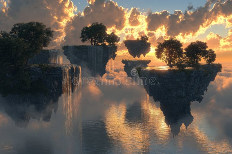 Floating Islands with Trees and Waterfalls at Sunset Creating a Surreal ...