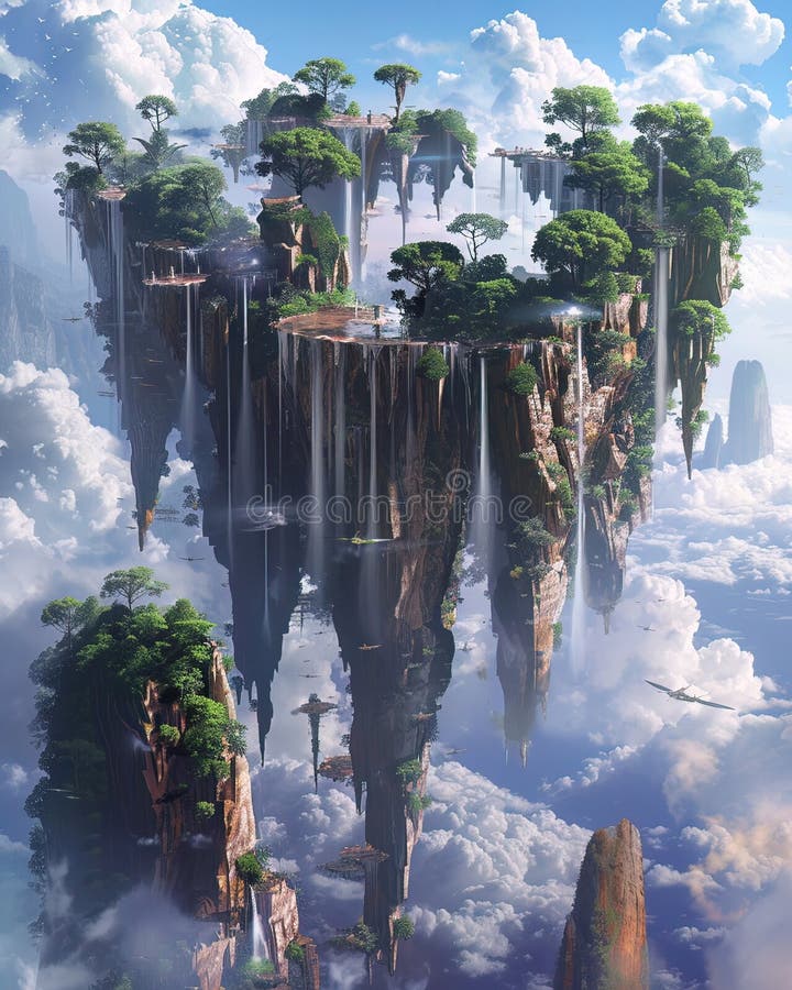 Floating Islands with Waterfalls Cascading into the Sky Defying Gravity ...