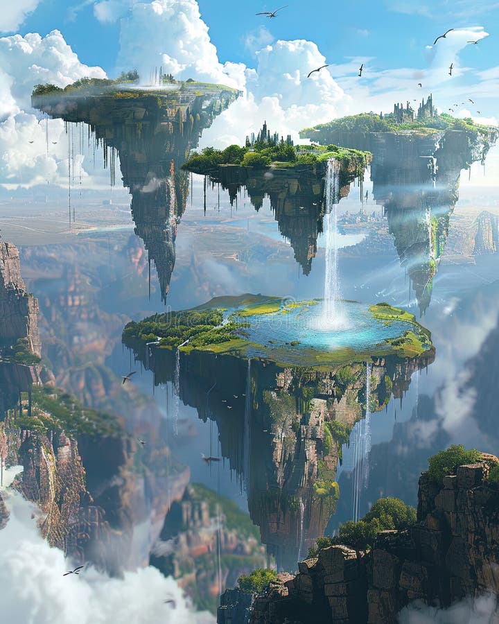 Floating Islands with Waterfalls Cascading into the Sky Defying Gravity ...