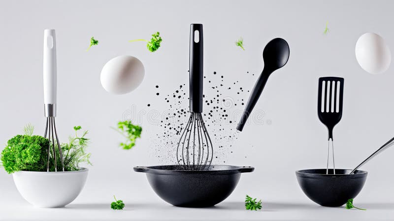 Floating Kitchen Utensils and Ingredients in Modern Minimalistic ...