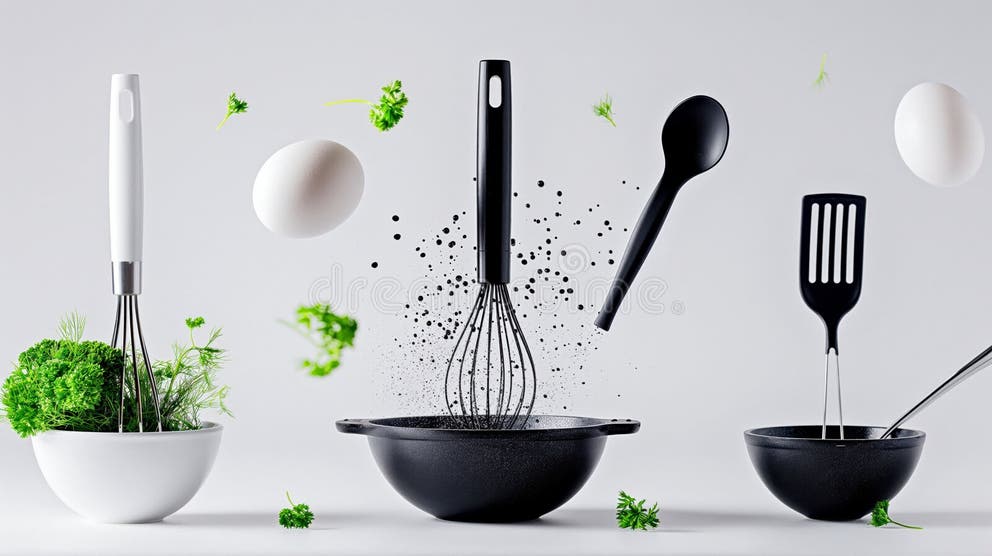 Floating Kitchen Utensils and Ingredients in Modern Minimalistic ...