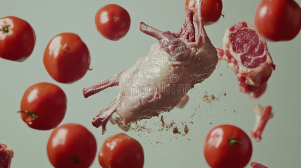 Floating Lamb Chops and Tomatoes Culinary Still Life Stock Illustration ...