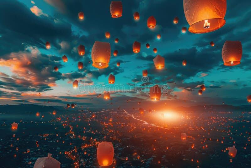 Floating Lanterns Ascending into a Dusky Sky, Symbolizing Hope and ...