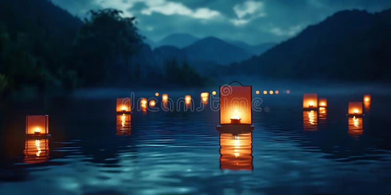 Floating Lanterns on Calm Lake at Night: Serene Night Scene Background ...