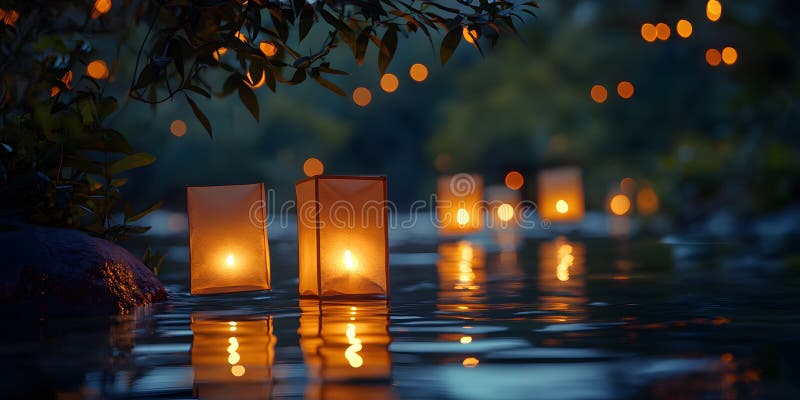 Floating Lanterns Cast a Magical Glow on the Tranquil Water Under the ...