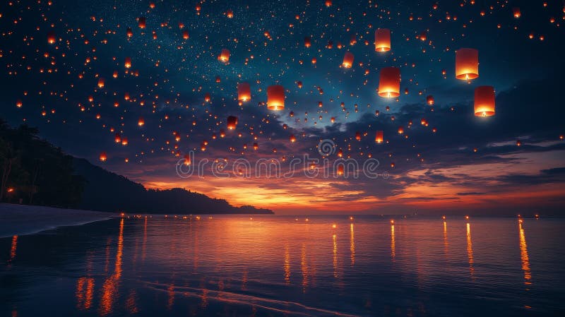 Lanterns Illuminate the Tranquil Beach at Sunset with Colorful Skies ...