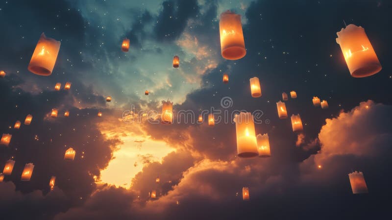 Floating Lanterns Illuminate a Dramatic Evening Sky with Clouds Stock ...