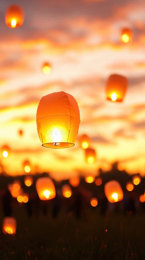 Floating Lanterns Illuminate Evening Sky at Sunset Stock Illustration ...