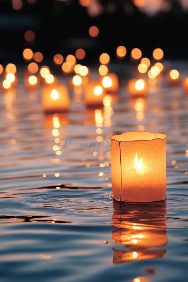 Floating Lanterns Glowing Peacefully Calm River Night Stock Photos ...