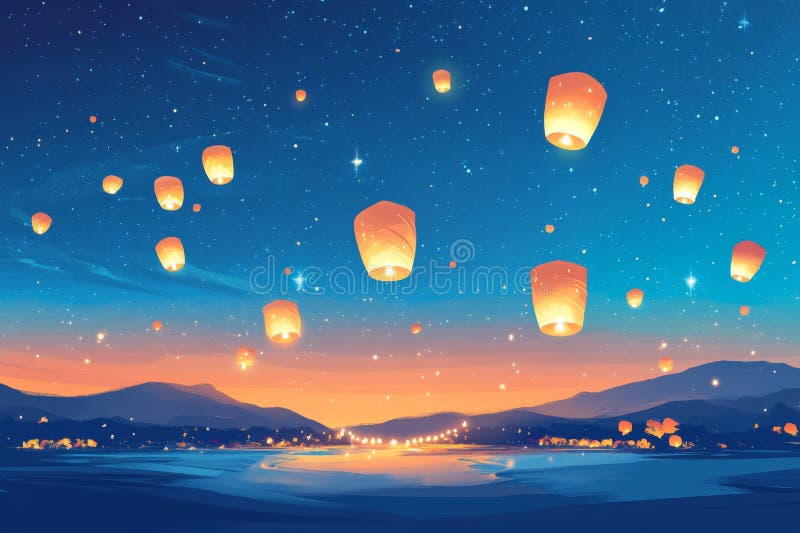 Floating Lanterns in Night Sky Stock Illustration - Illustration of ...