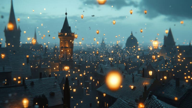 Floating Lanterns Over a Snowy Medieval City at Night Stock ...