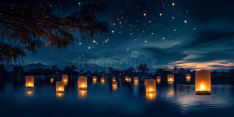 Floating Lanterns Rising into the Night Sky Over a Peaceful River for a ...