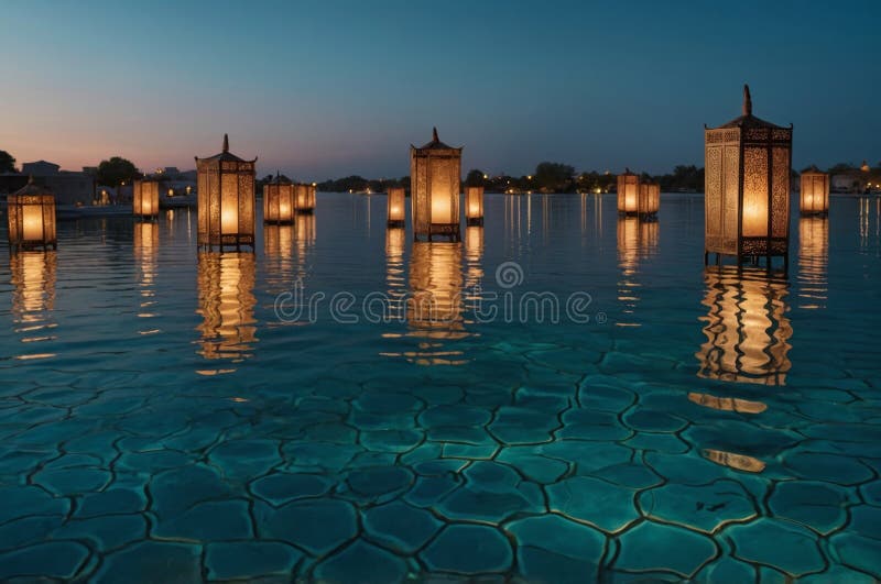 Floating Lanterns on Twilight Water with Islamic Geometric Reflections ...
