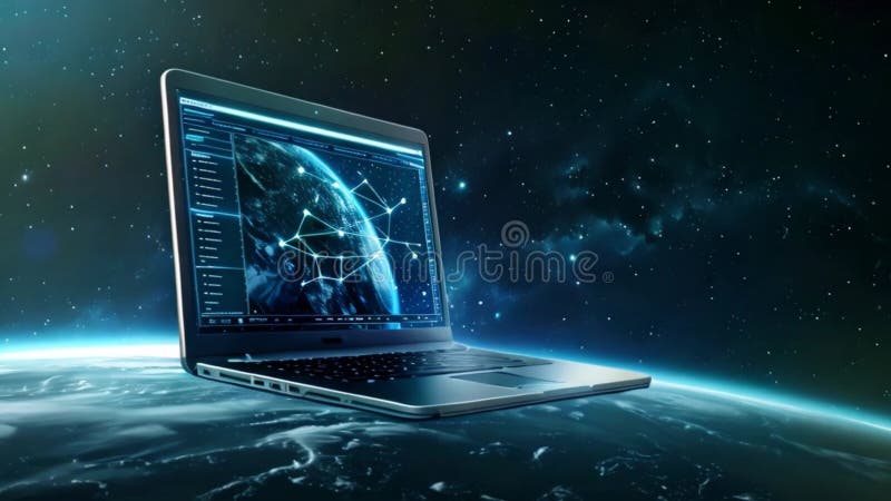 Floating Laptop Displaying Constellation Over Earth from Space at Night ...