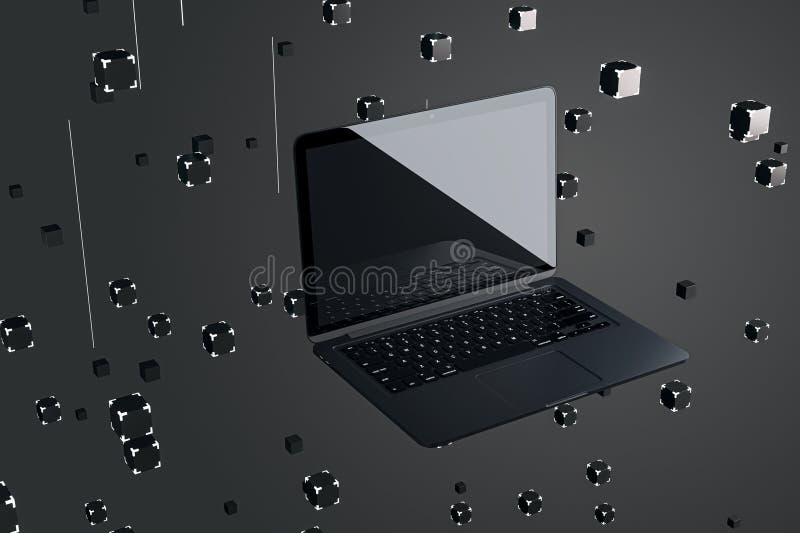 A Floating Laptop with Glowing Digital Cubes Around it, on a Dark ...