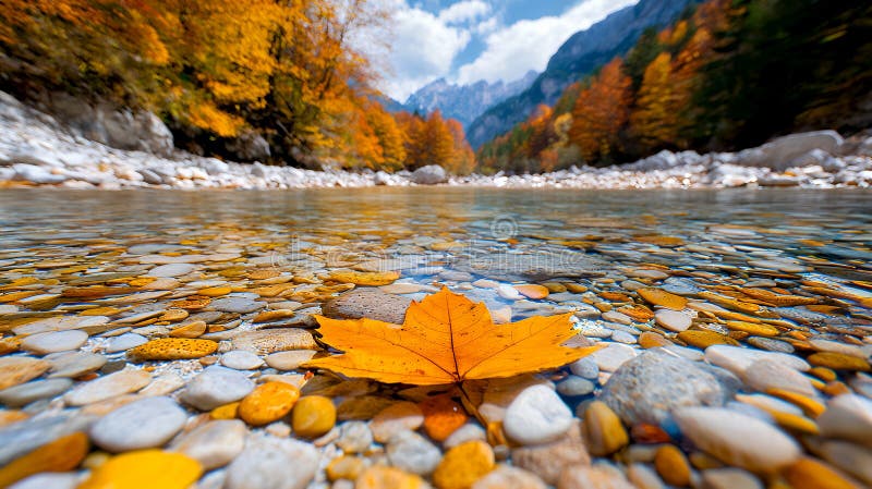 Floating Leaf in River during Autumn with Mountains and Trees Stock ...