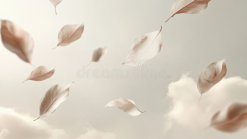 Floating Leaves Drift Gracefully among Soft Clouds in a Neutral-toned ...