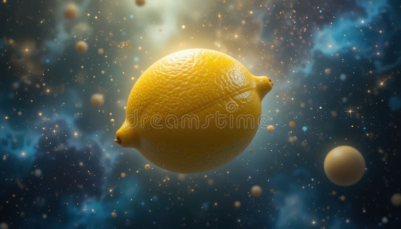 Floating Lemon in a Cosmic Setting with Celestial Bodies and a Starry ...