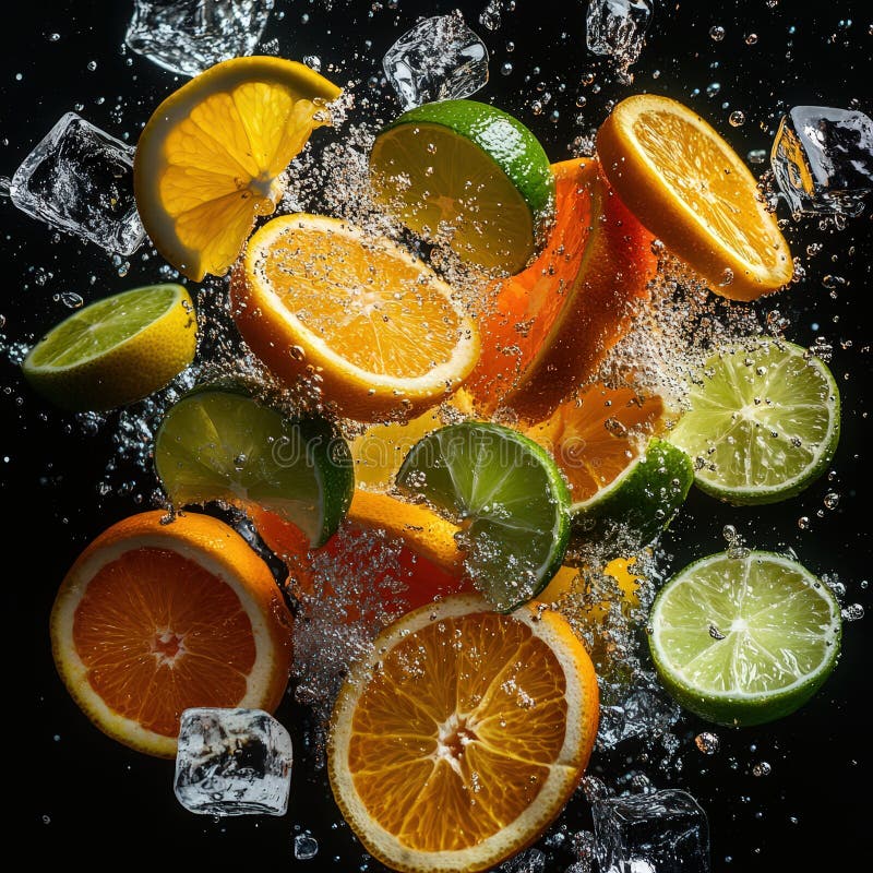 Floating Lemon, Orange, Lime Slices in Surreal Citrus Explosion Stock ...