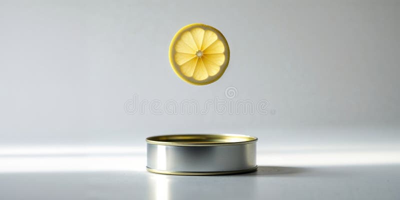 Floating Lemon Slice Above Blank Can on White Surface Stock Image ...