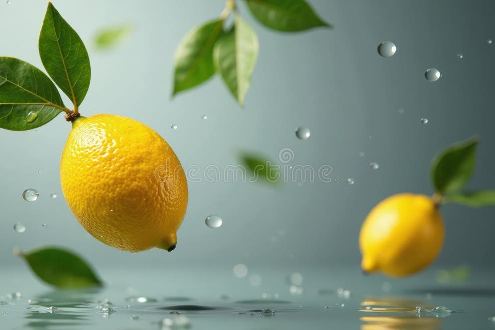 Floating Lemons Leaves, Water Droplets, Gray Backdrop, Gray, Fruit ...