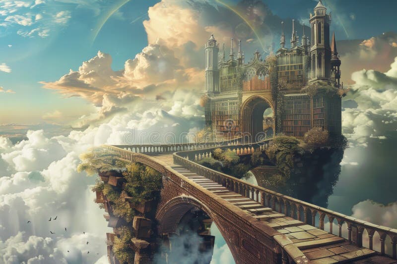 Floating Library in the Clouds Stock Illustration - Illustration of ...