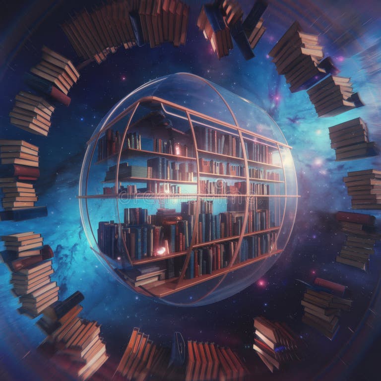 Floating Library in Deep Space, Glowing Books Orbiting, Blue Nebula Background, Sci-fi ...