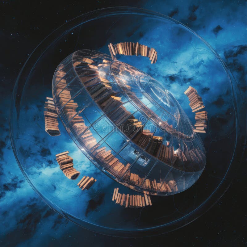 Floating Library in Deep Space, Glowing Books Orbiting, Blue Nebula ...