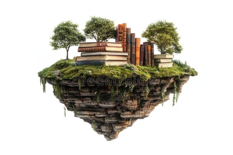 Floating Library Island with Floating Books and Enchanted Scrolls, Set ...