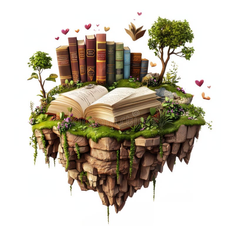 Floating Library Island with Floating Books and Enchanted Scrolls, Set ...