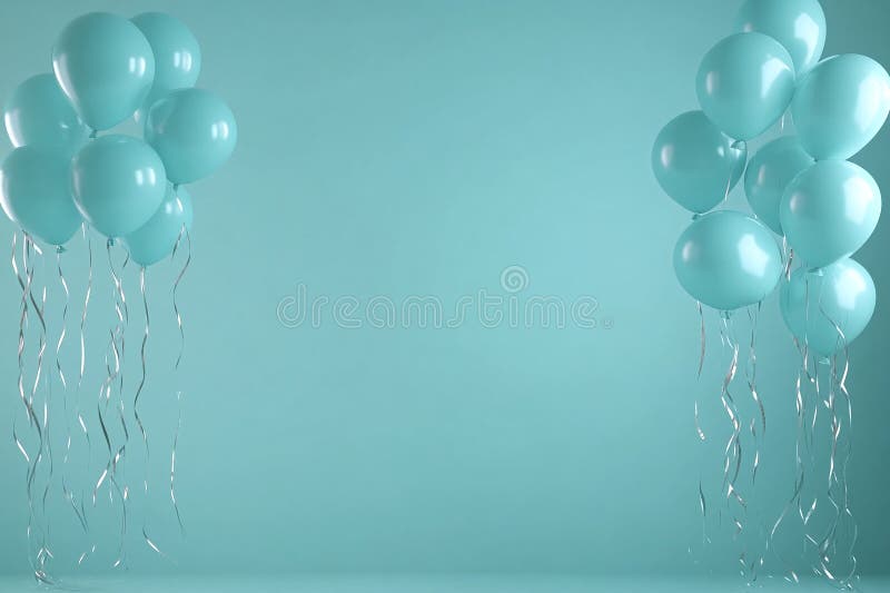 Floating Light Blue Balloons with Silver Ribbons on Solid Blue ...